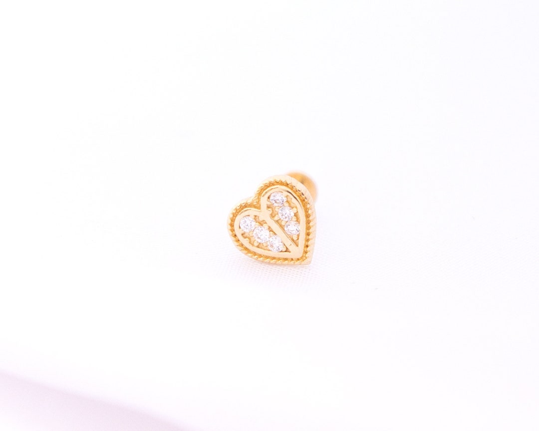 14k Solid Gold Heart Piercing: Threadless Tragus Earring - Etsy