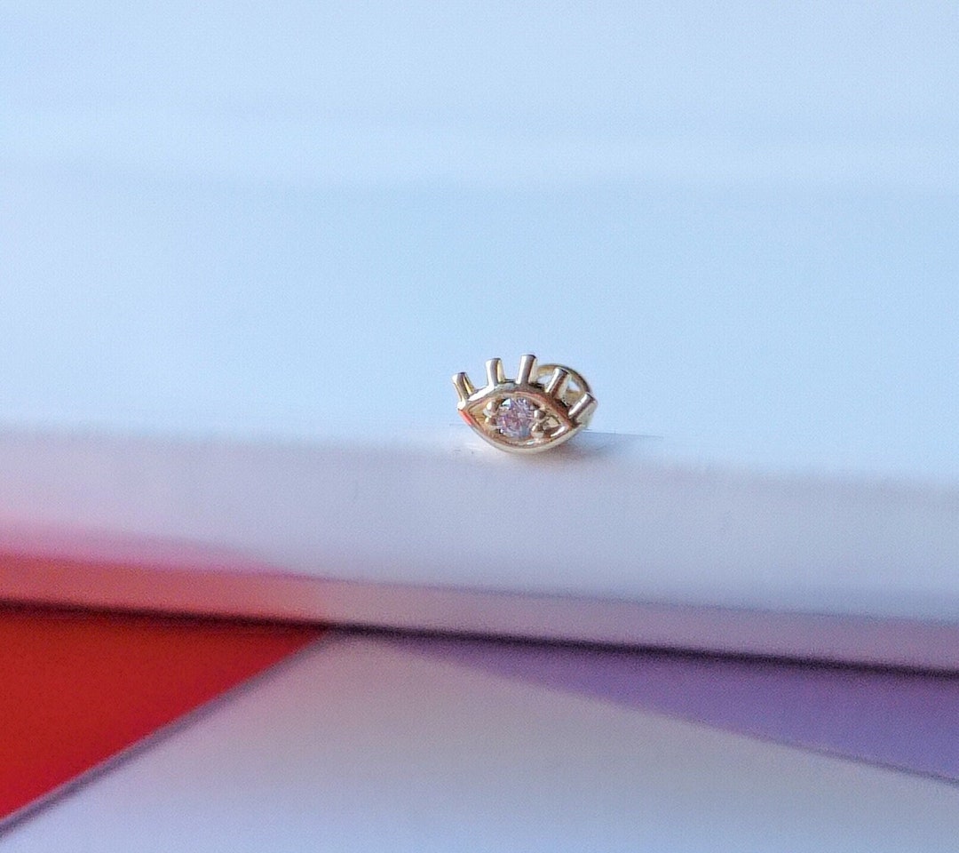 14k Solid Gold Diamond Evil Eye Push in Flat Piercing, Diamond Piercing ...