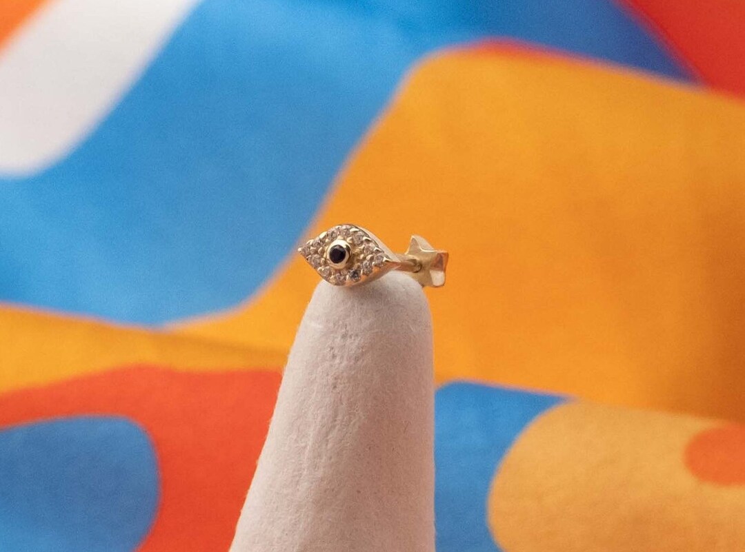 14K Solid Gold Evil Eye Piercing With Zirconia Stones Rose Gold, Silver ...