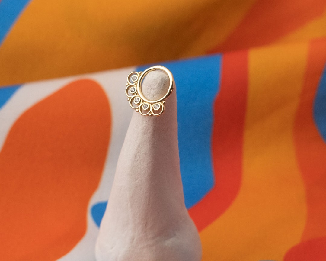14K Solid Gold Diamond Hoop Piercing, 14K Solid Yellow Gold Earrings or ...