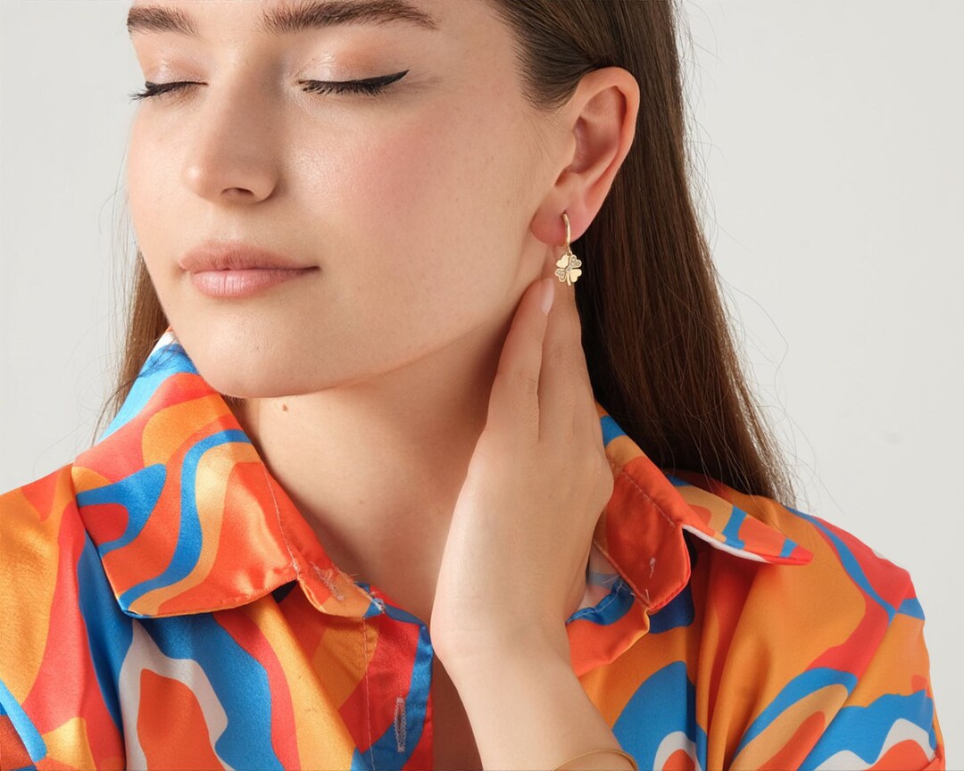 Solid Gold Diamond Earrings, Gold Latch Back Earrings, Four-leaf Clover ...