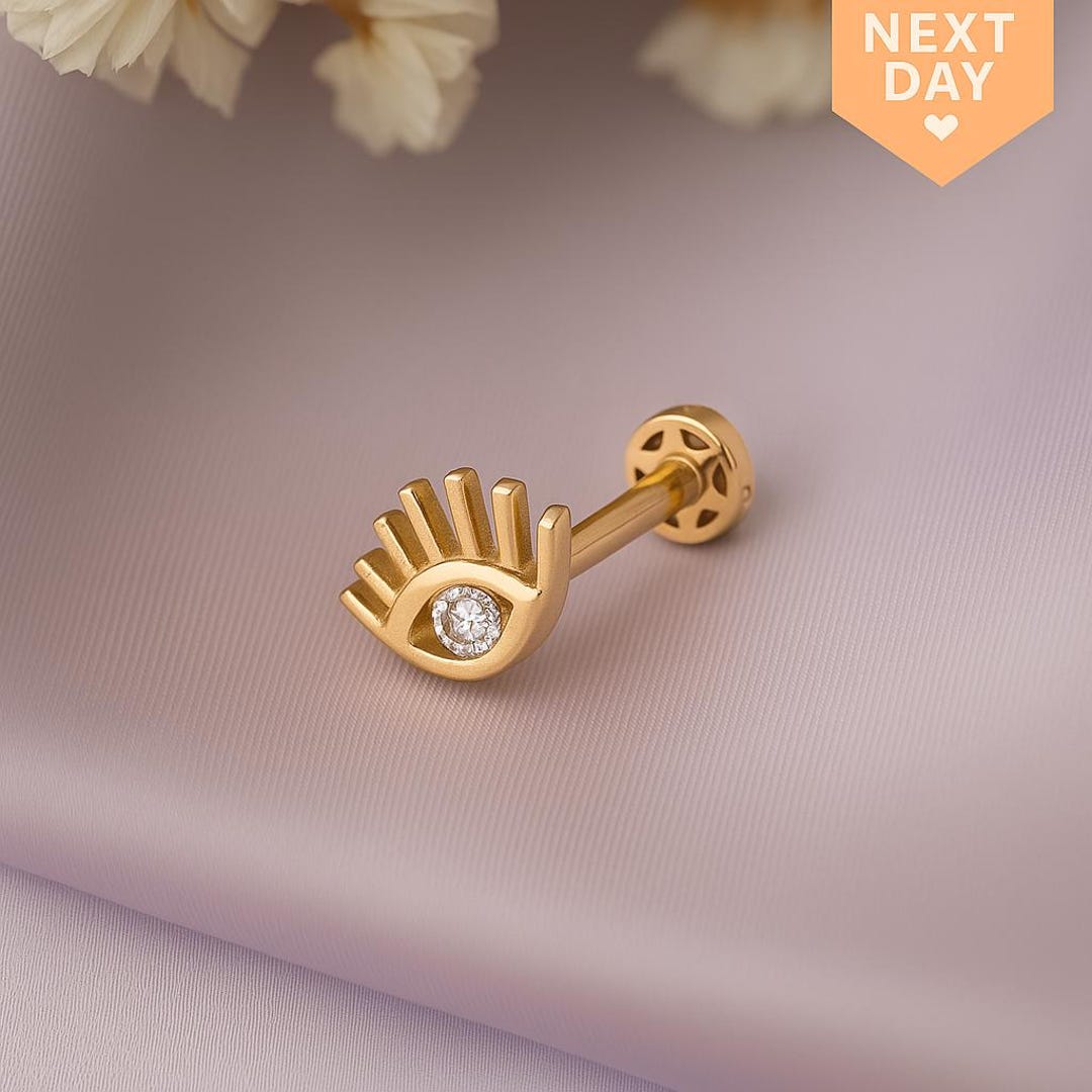 14K Solid Gold Eye Piercing – Flat Back Minimalist Stud With Cubic ...