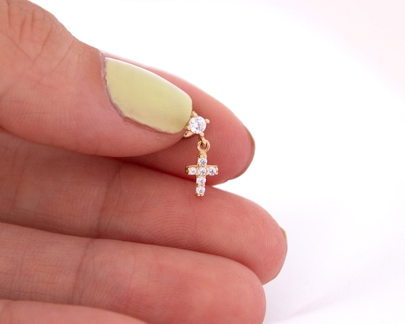 14K Solid Gold Cross Piercing Gold Cross Tragus Piercing - Etsy