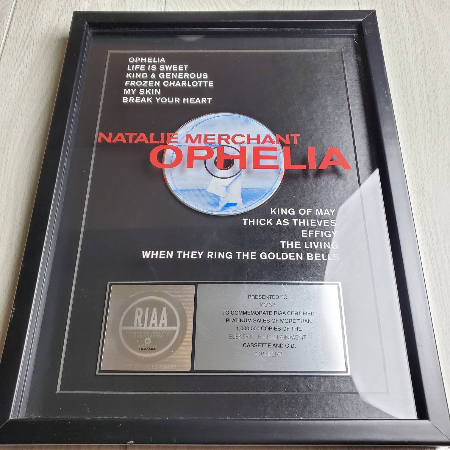 Genuine 1998 RIAA Platinum Award for Natalie Merchant Album Ophelia in ...