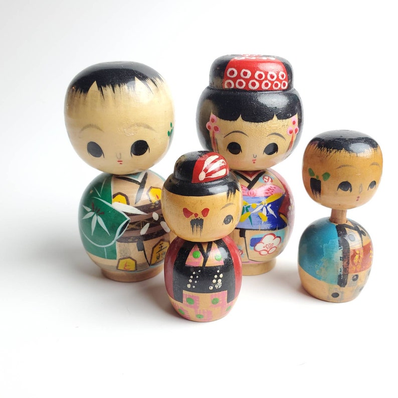 Vtg. 50's or 60's Japanese Kokeshi Bobblehead Head Nodder Set of 4 ...