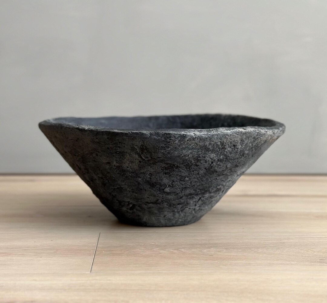 Paper Mache Bowl, Large Vessel, Aged Black Color, Textured Wabi Sabi ...