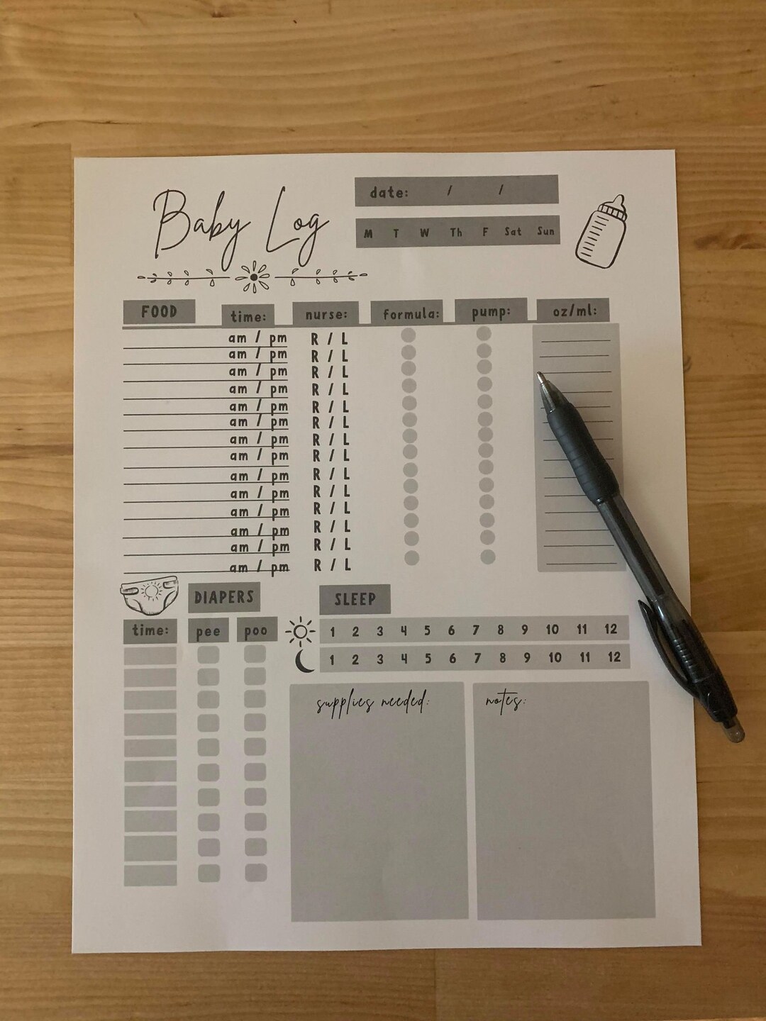 Black White Baby Log Newborn Infant Daily Log Breastfeeding Log Formula ...