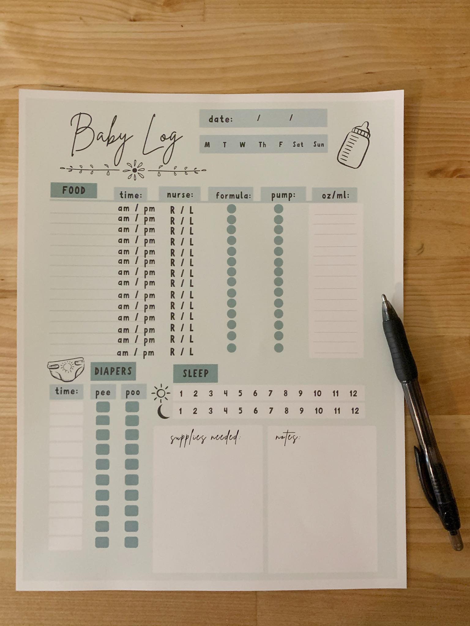 Calming Mint Baby Log Newborn Infant Daily Log Breastfeeding Log ...