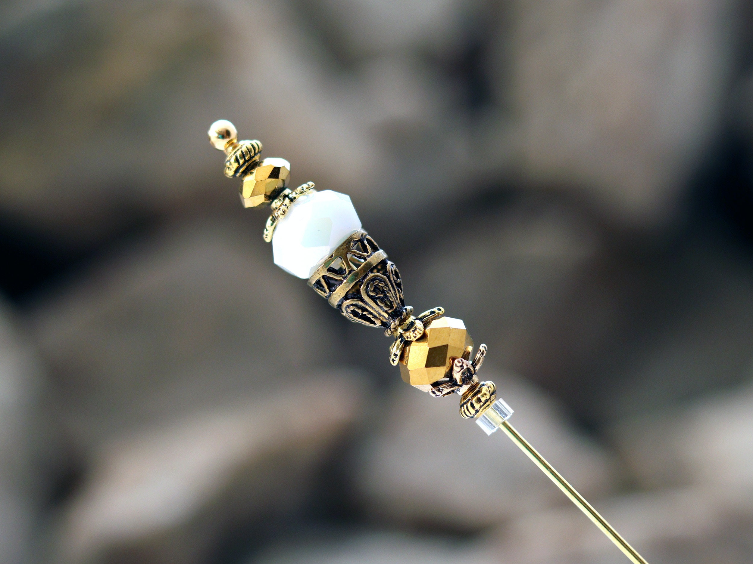White Opaque and Gold Crystal Hat Pins Choose Your Length With End ...