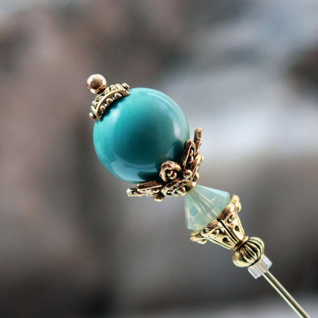 Jade Green Pearl and European Crystal Hat Pin With Gold Plate Accents A ...