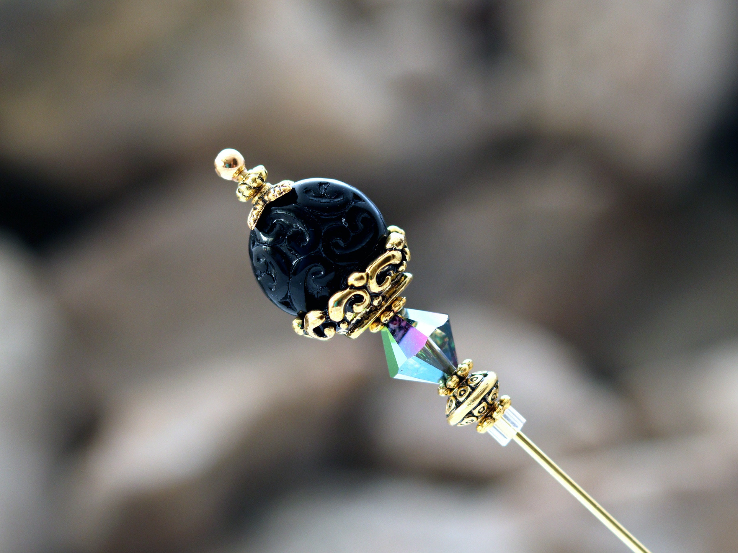 Jet Black Glass and Crystal Hat Pins Choose Your Length With Safety Cap ...