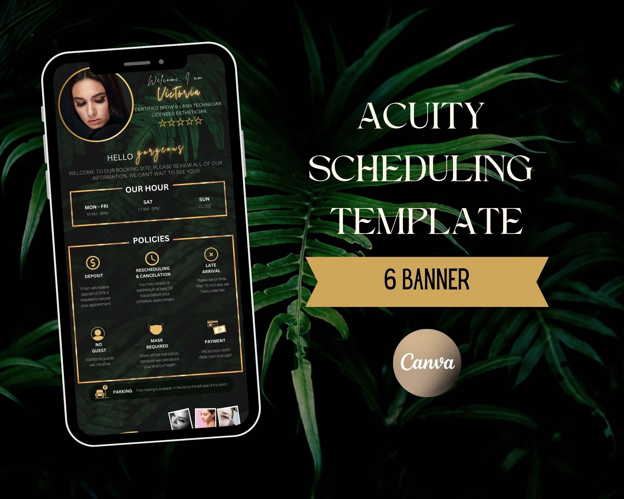Tropical Editable Acuity Scheduling Template, Black Gold DIY Booking ...