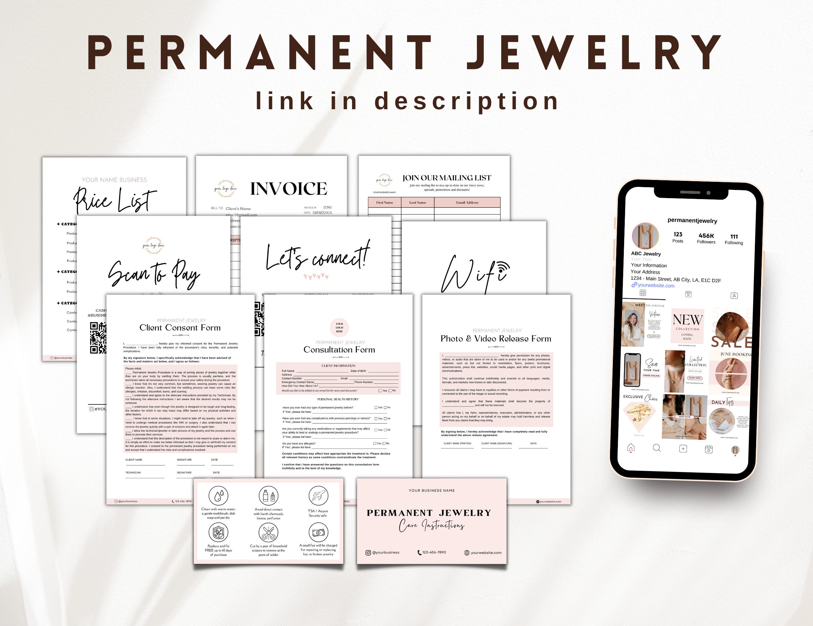Pink Permanent Jewelry Care Card Template, DIY Permanent Jewelry ...
