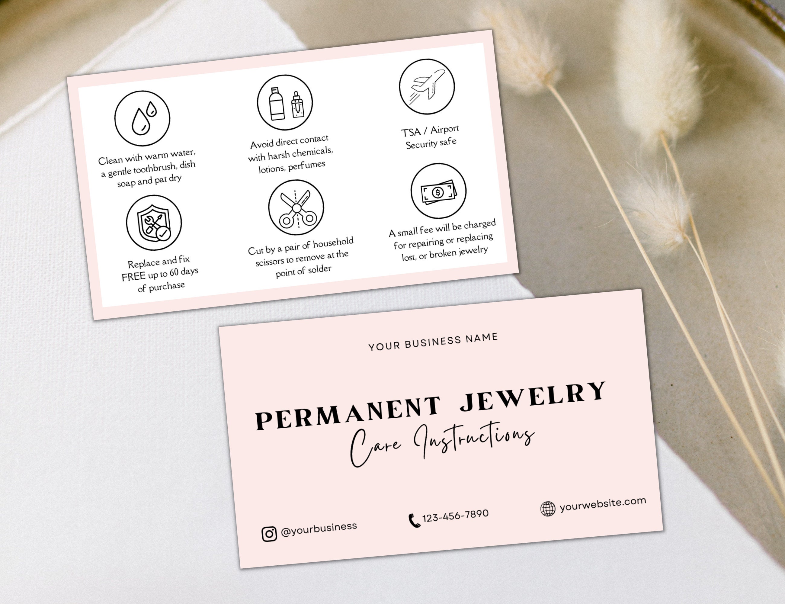 Pink Permanent Jewelry Care Card Template, DIY Permanent Jewelry ...