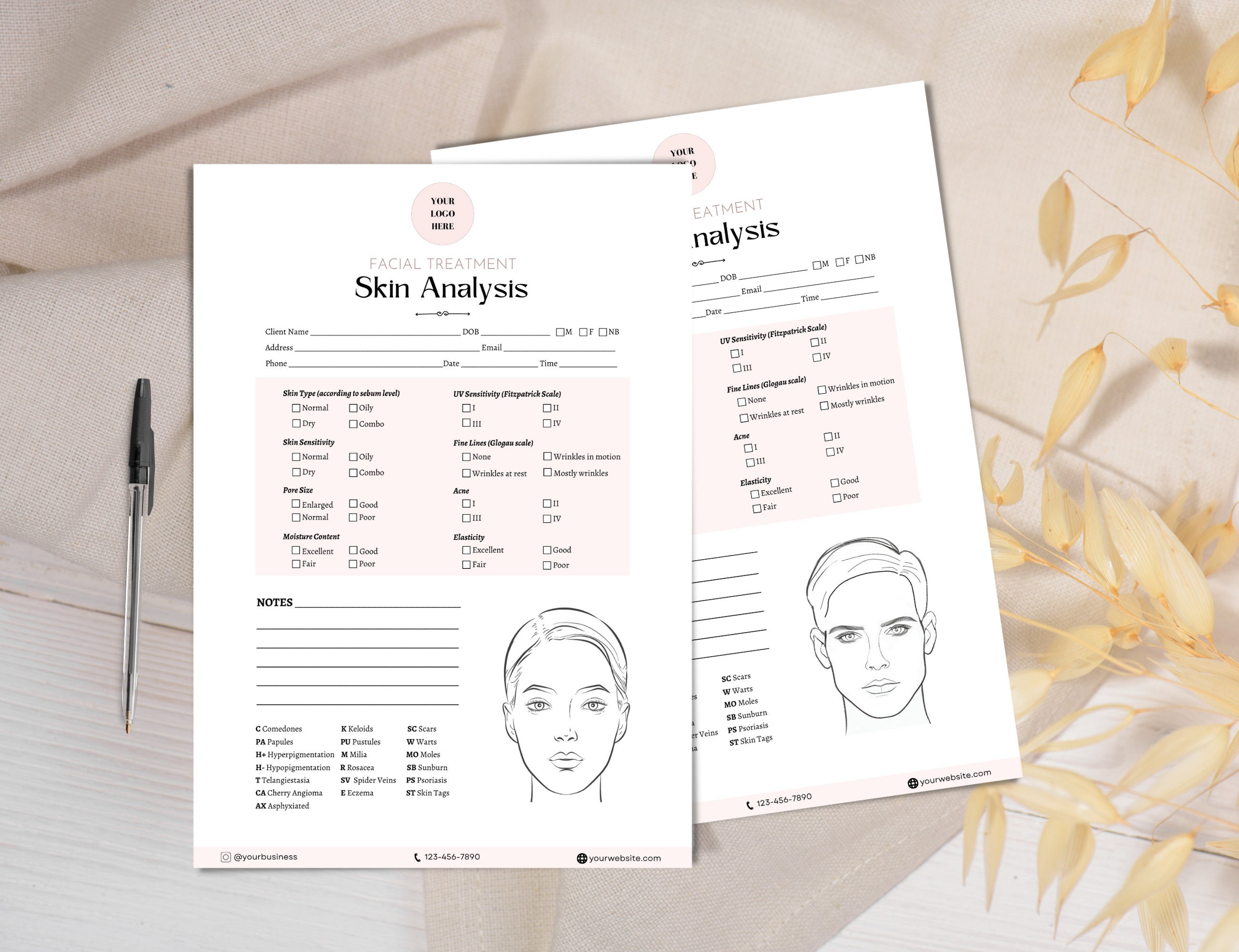 Skin Analysis Form, Facial Treatment Form Bundle, Printable Skincare ...