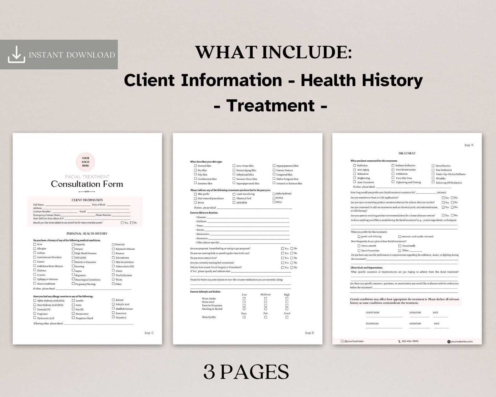 Editable Facial Consultation Form, Facial Treatment Form Bundle ...