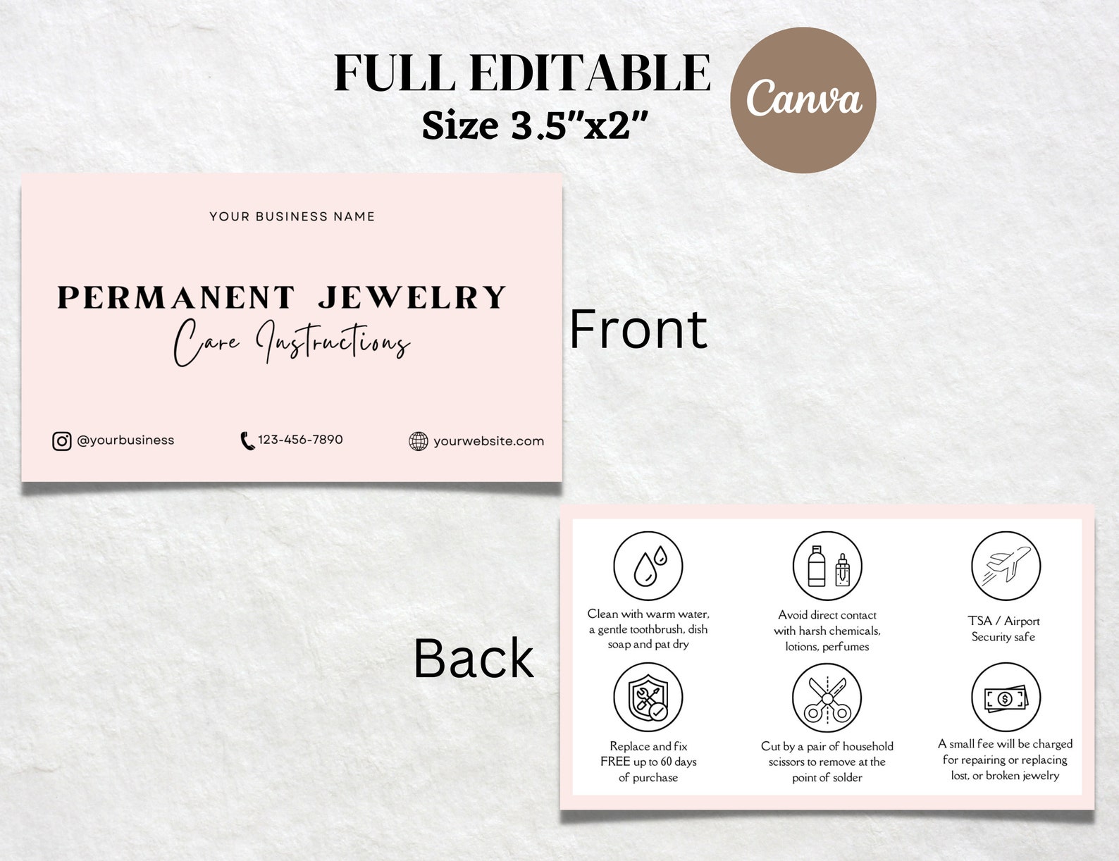 Pink Permanent Jewelry Care Card Template, DIY Permanent Jewelry ...