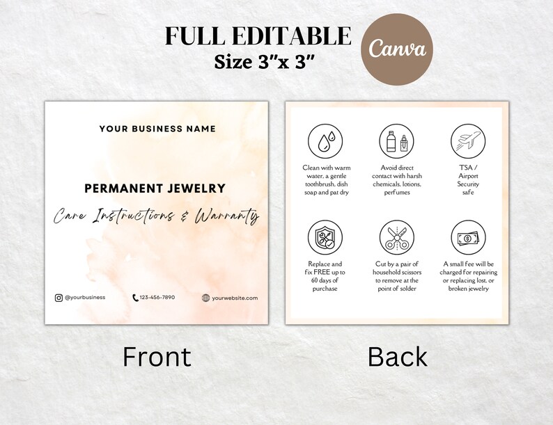 Permanent Jewelry Care Card Template, DIY Permanent Jewelry Warranty ...