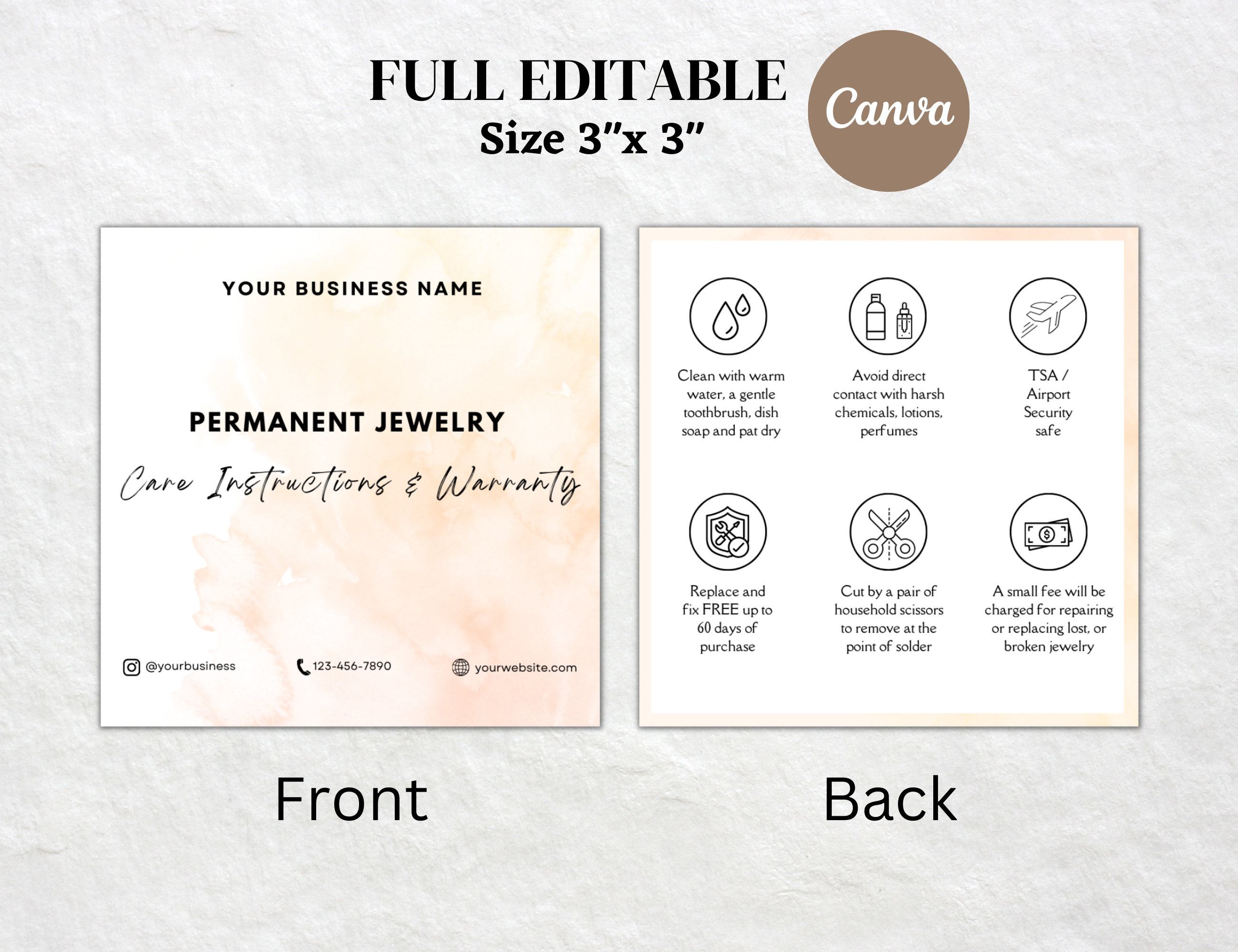 Permanent Jewelry Care Card Template, DIY Permanent Jewelry Warranty ...