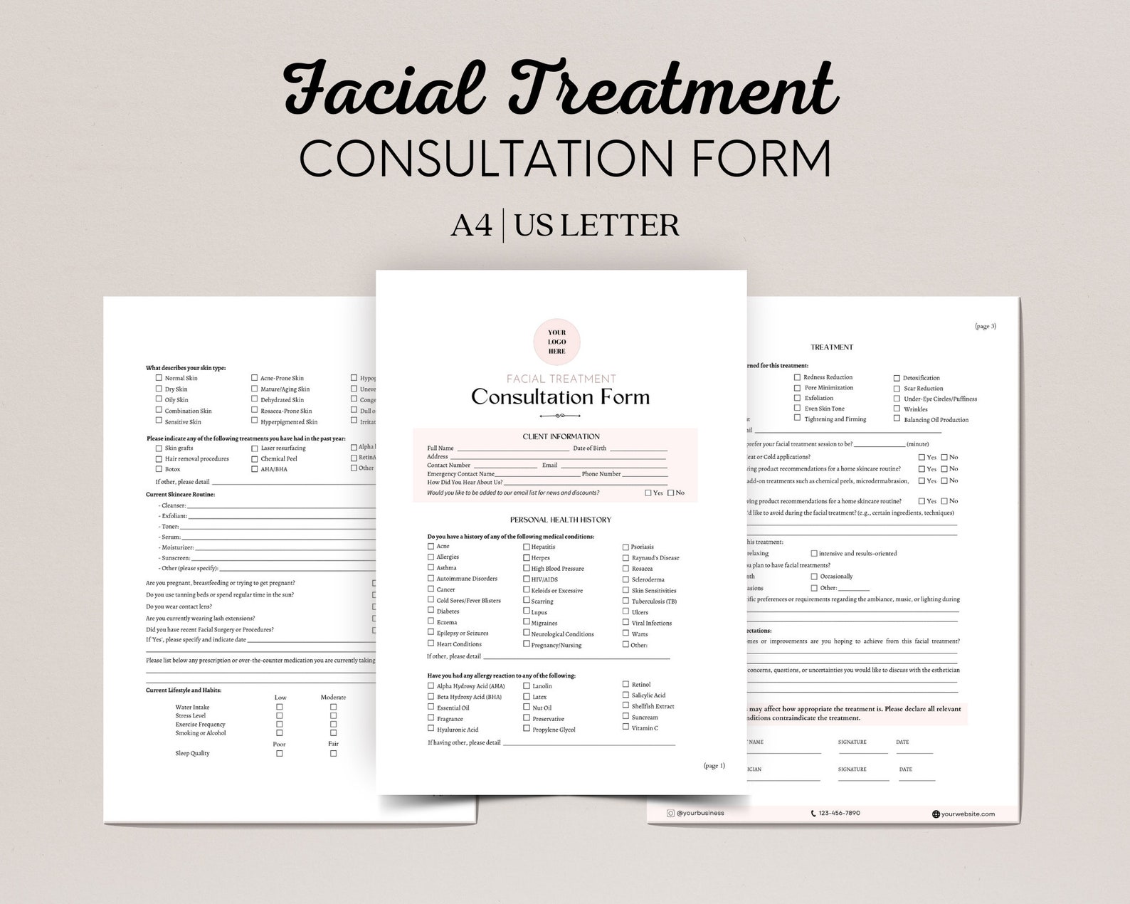Editable Facial Consultation Form, Facial Treatment Form Bundle ...