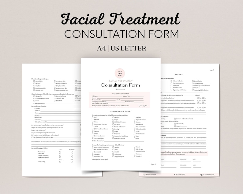 Editable Facial Consultation Form, Facial Treatment Form Bundle ...