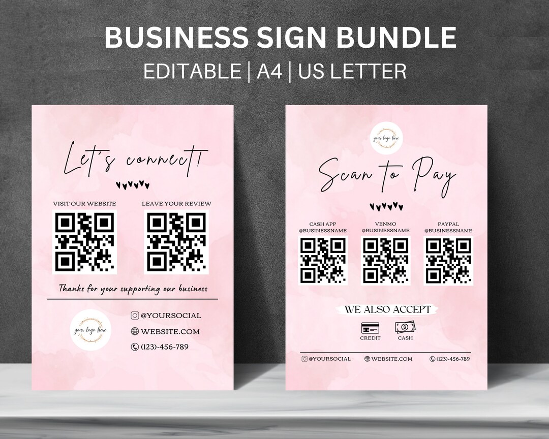 Small Business Sign Bundle Template, Social Media QR Code, Lets Get ...