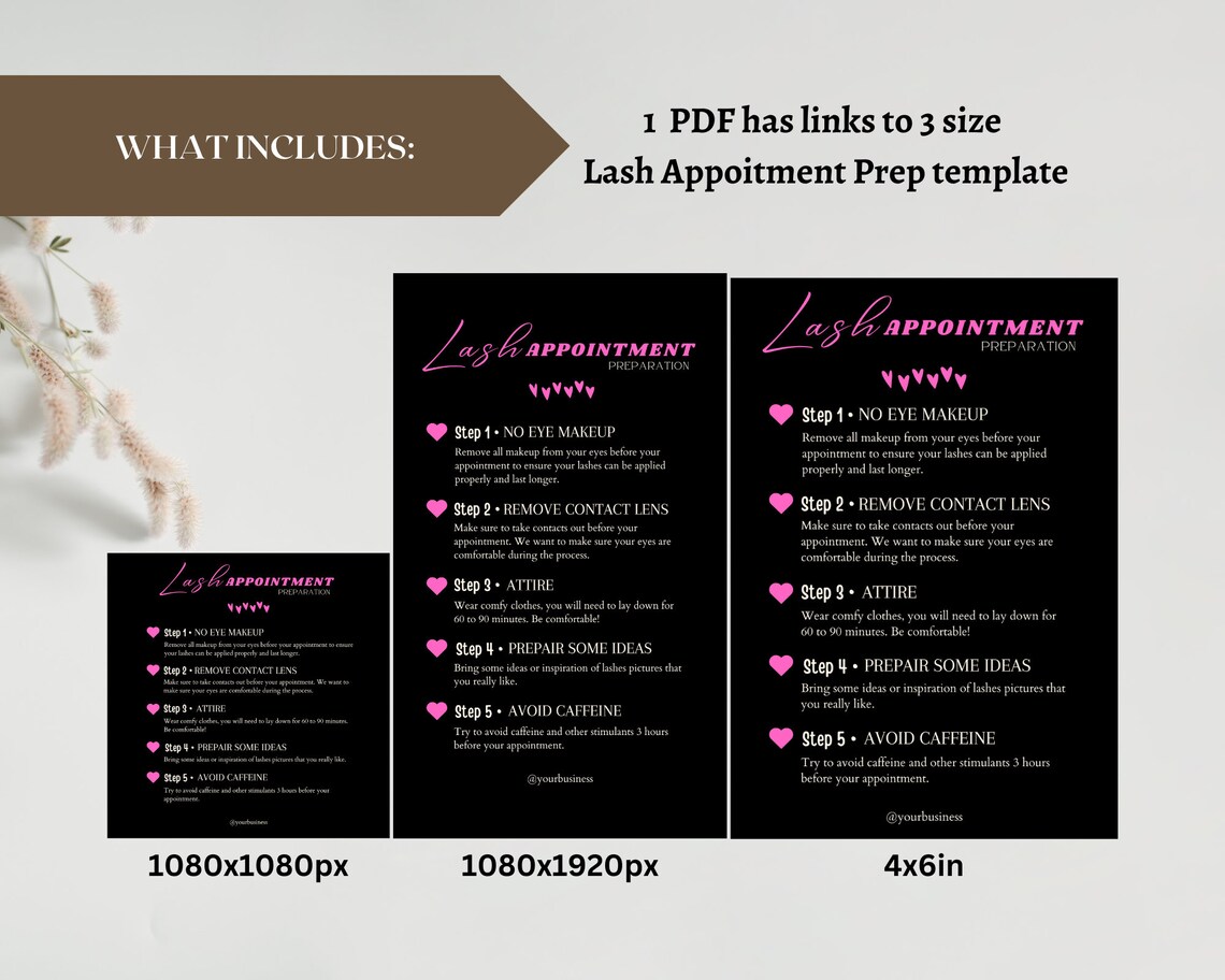 Digital Lash Extension Appointment Prep Card Black Pink, Before Your ...