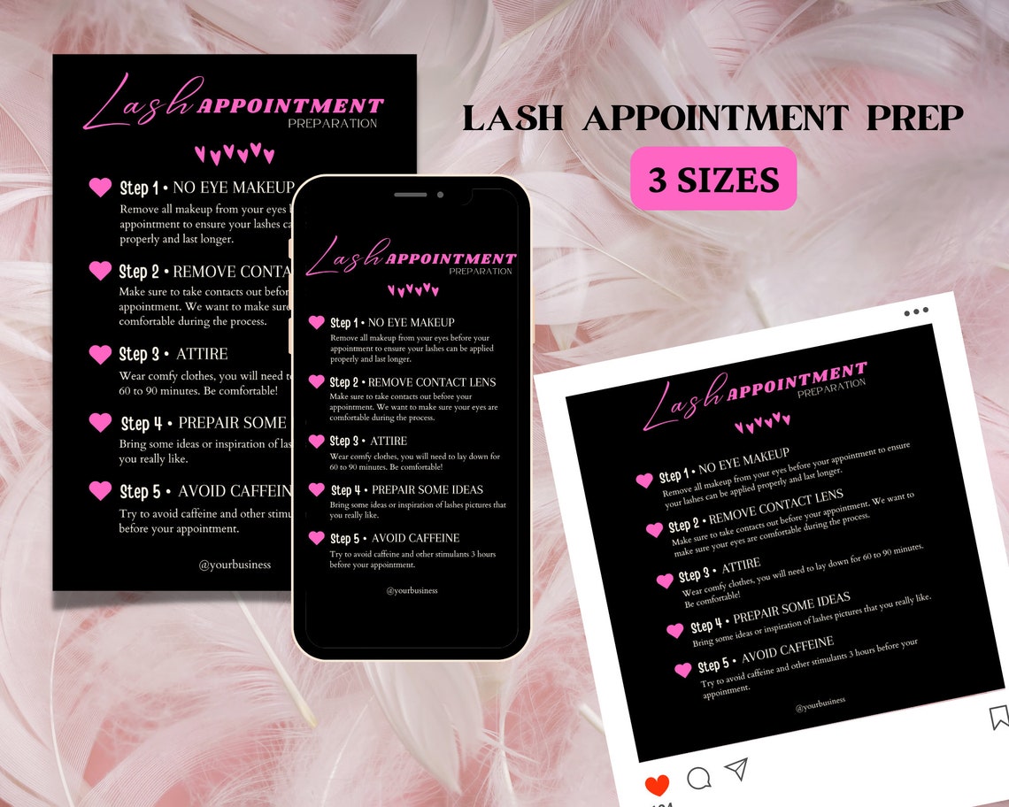 Digital Lash Extension Appointment Prep Card Black Pink, Before Your ...