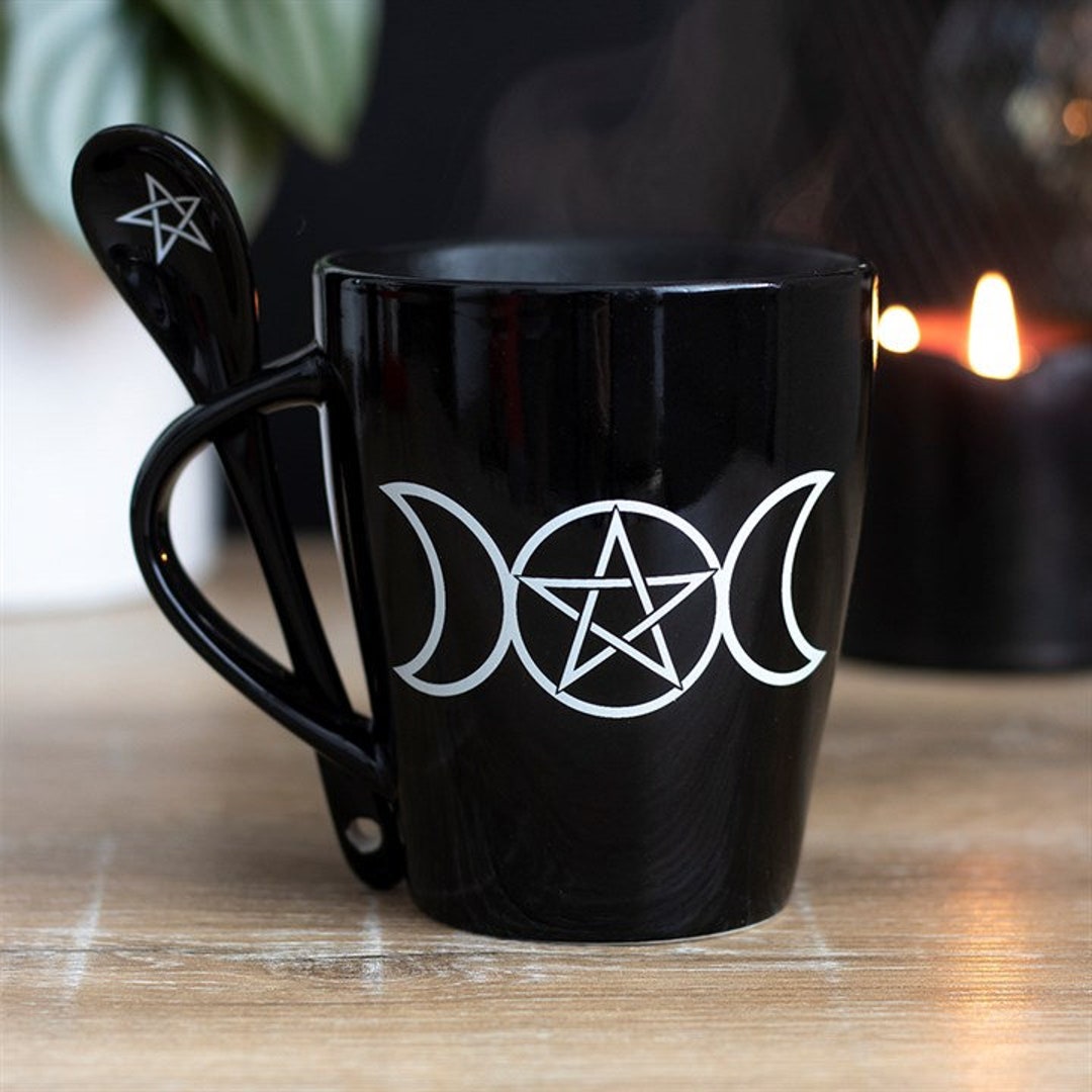 Black Ceramic Mug Triple Moon Design With Matching Spoon. - Etsy