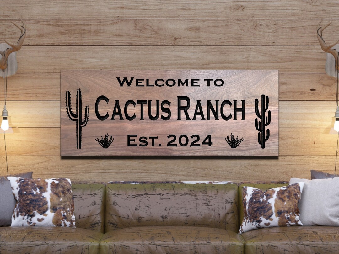Rustic Wooden Cabin Sign Featuring a Desert Motif With a Saguaro Cactus ...