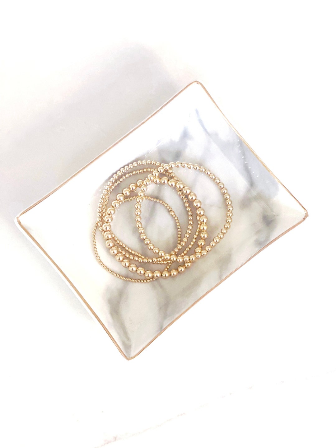 Classic 14k Gold Filled Beaded Bracelets, 2mm, 2.5, 3mm, 4mm & 5mm Stretch Bracelet Stack ...