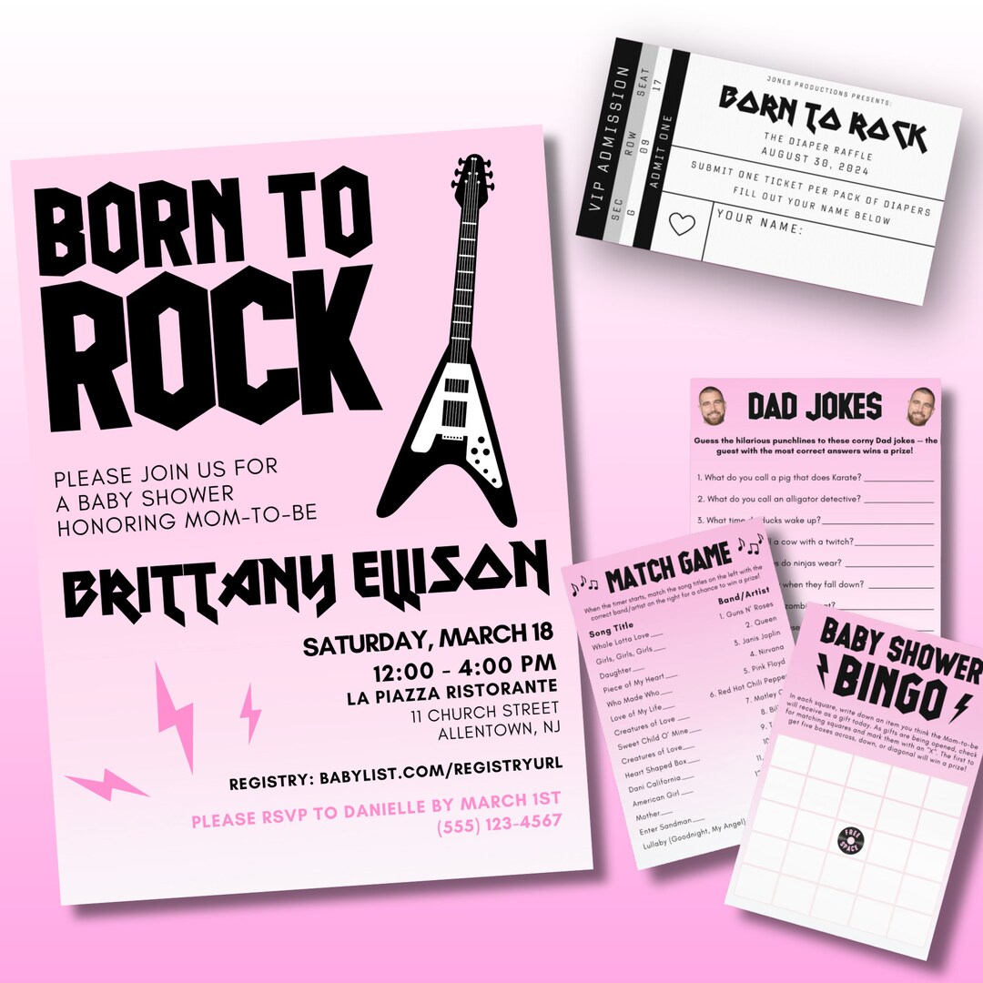 Born to Rock Rock N Roll Pink Baby Shower BUNDLE With Diaper Raffle ...