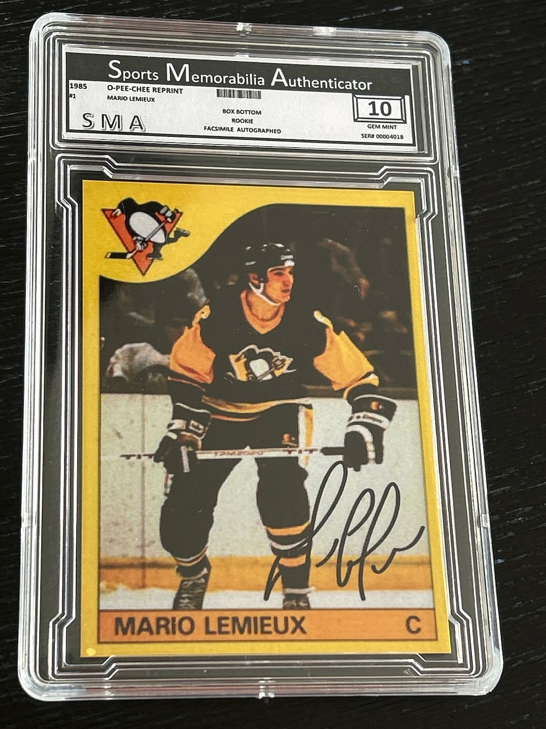 1985 Mario Lemieux Box Bottom Facsimile Autographed Rookie Card Reprint 1 O-pee-chee Graded Card ...