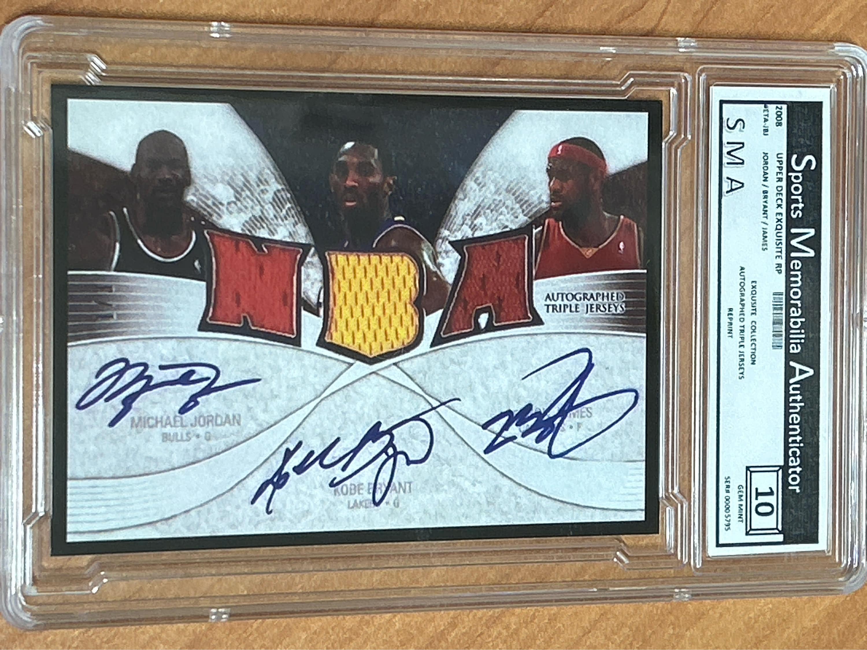 Michael Jordan, Kobe Bryant & Lebron James Triple Jersey Patch Autographed Reprint Graded HOF ...
