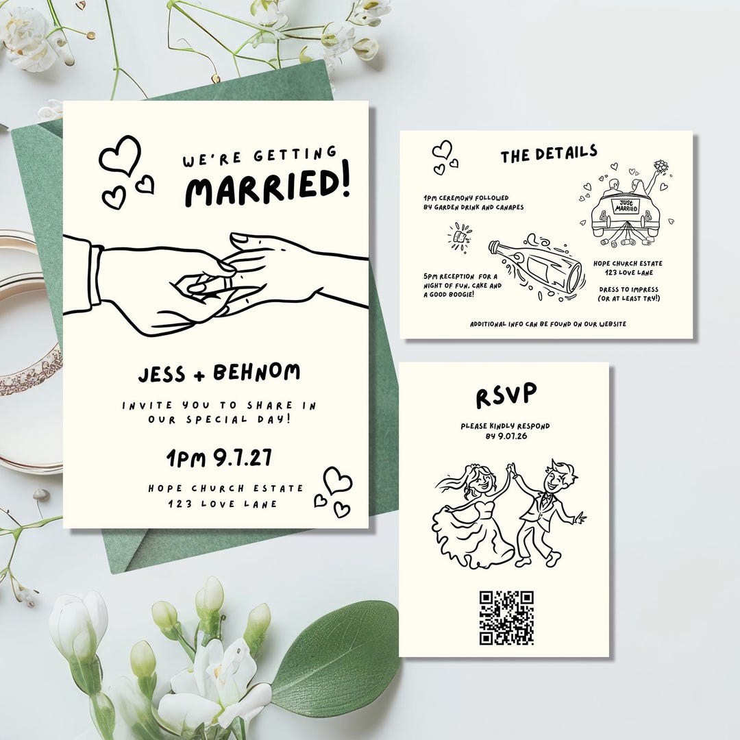 Hand Drawn Wedding Invitation Template - Illustrated Suite - Printable ...