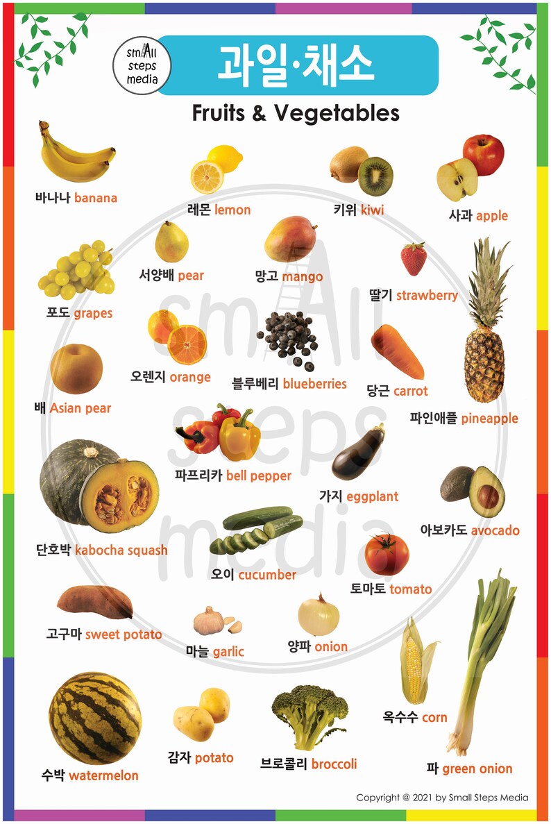 Bilingual Poster - Learn Korean - Fruits & Vegetables (english - Korean ...