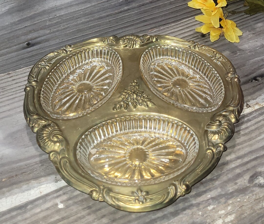 Vintage Brass Divided Serving Dish With Glass Inserts - Etsy