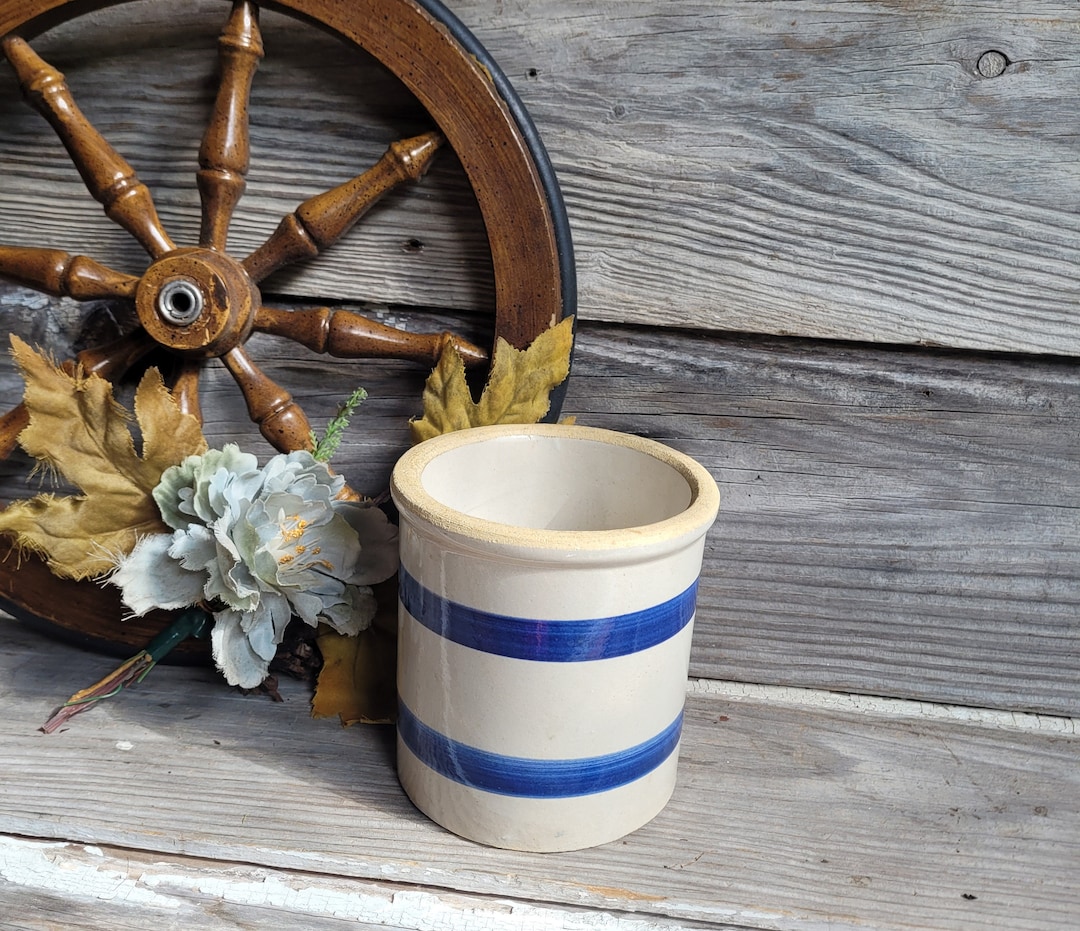 Vintage Blue Stripe Pottery Crock - Etsy