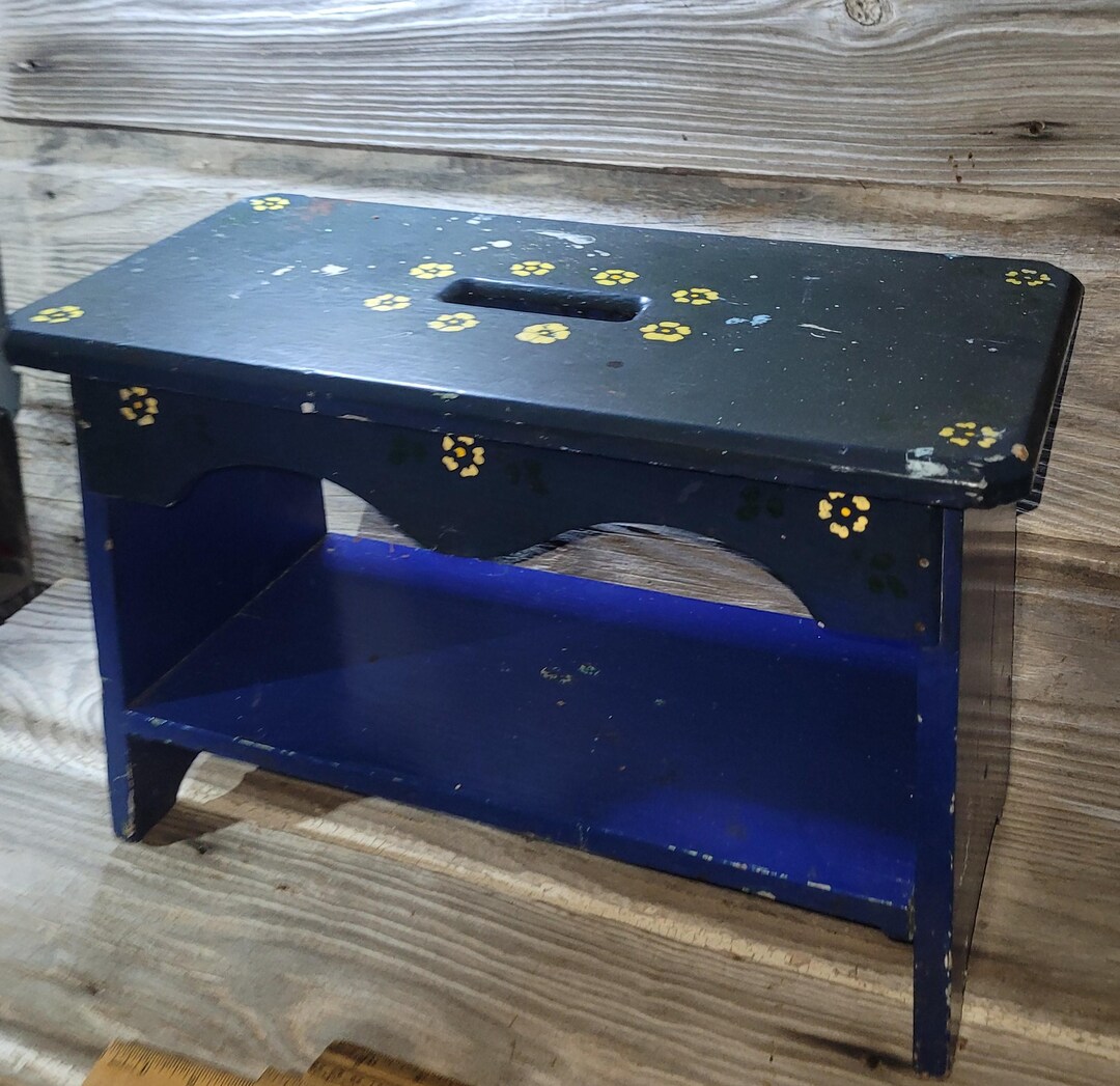Vintage Homemade Hand Painted Wood Foot Stool - Etsy