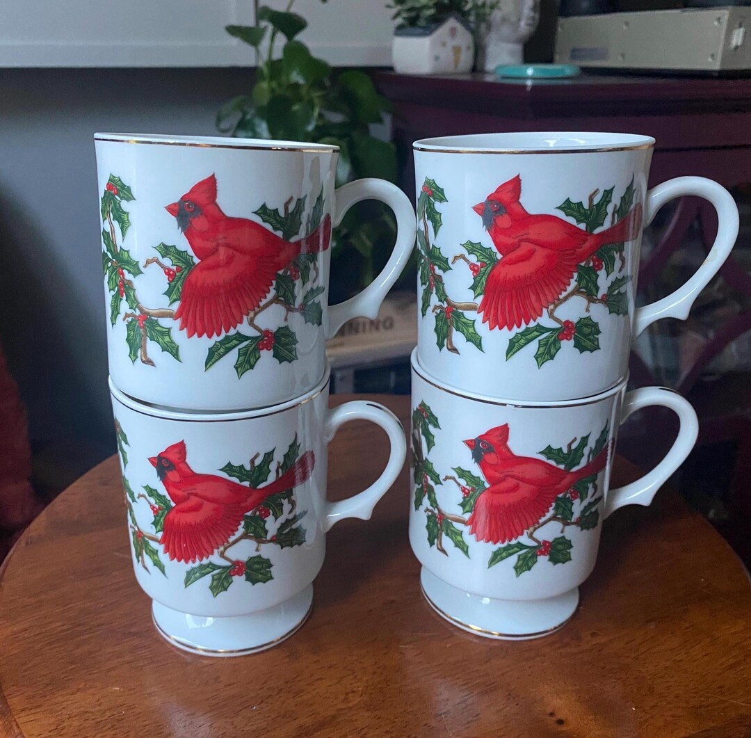 4 X Vintage Lefton China Cardinal & Holly With Gold Trim Footed Tea ...
