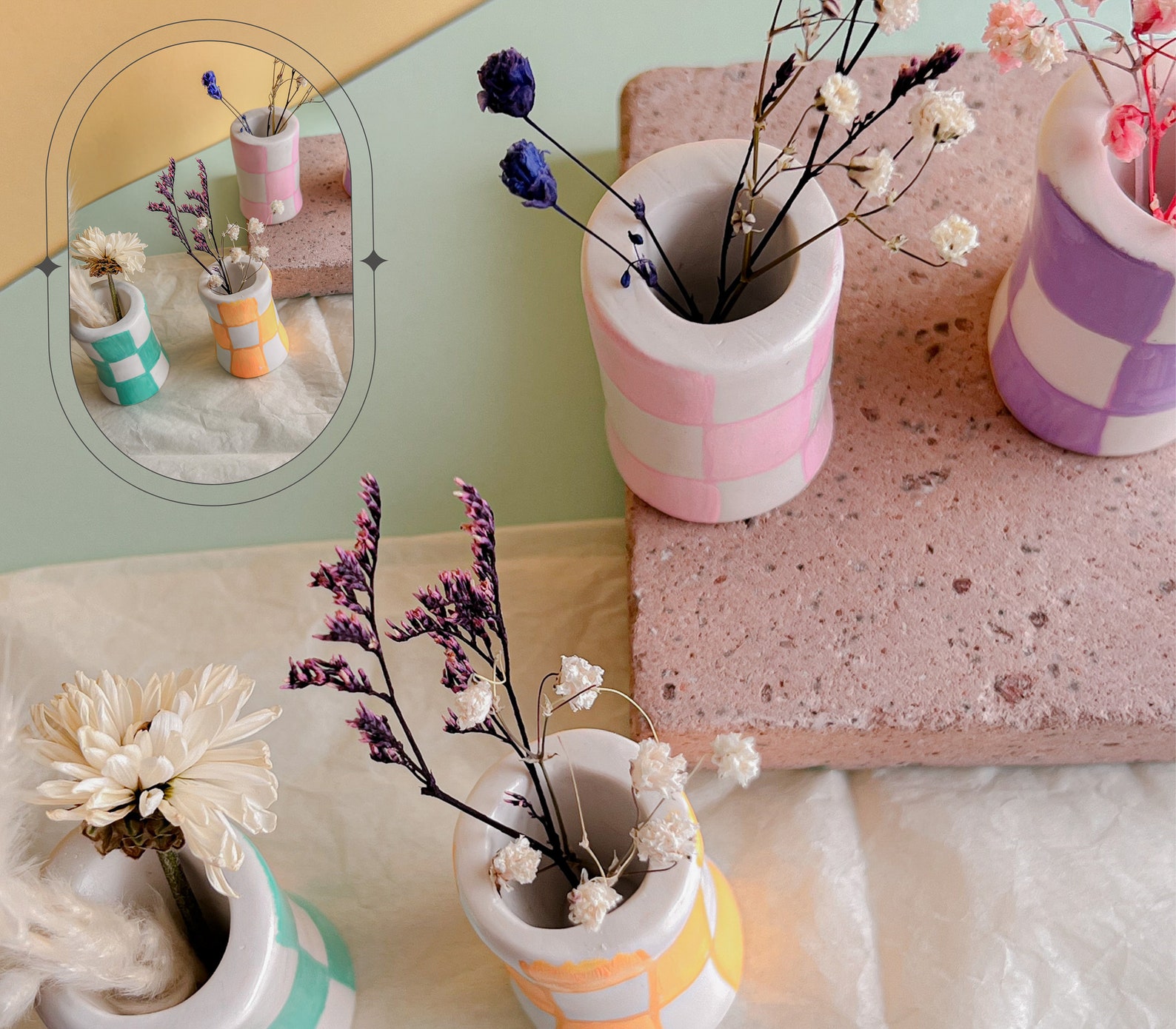 Checkered Tiny Vase / Handpainted Retro Mini Vase / Aesthetic Room ...
