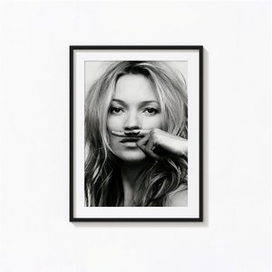Kate Moss Print, Moustache Finger, Fashion Poster, Black and White Wall ...