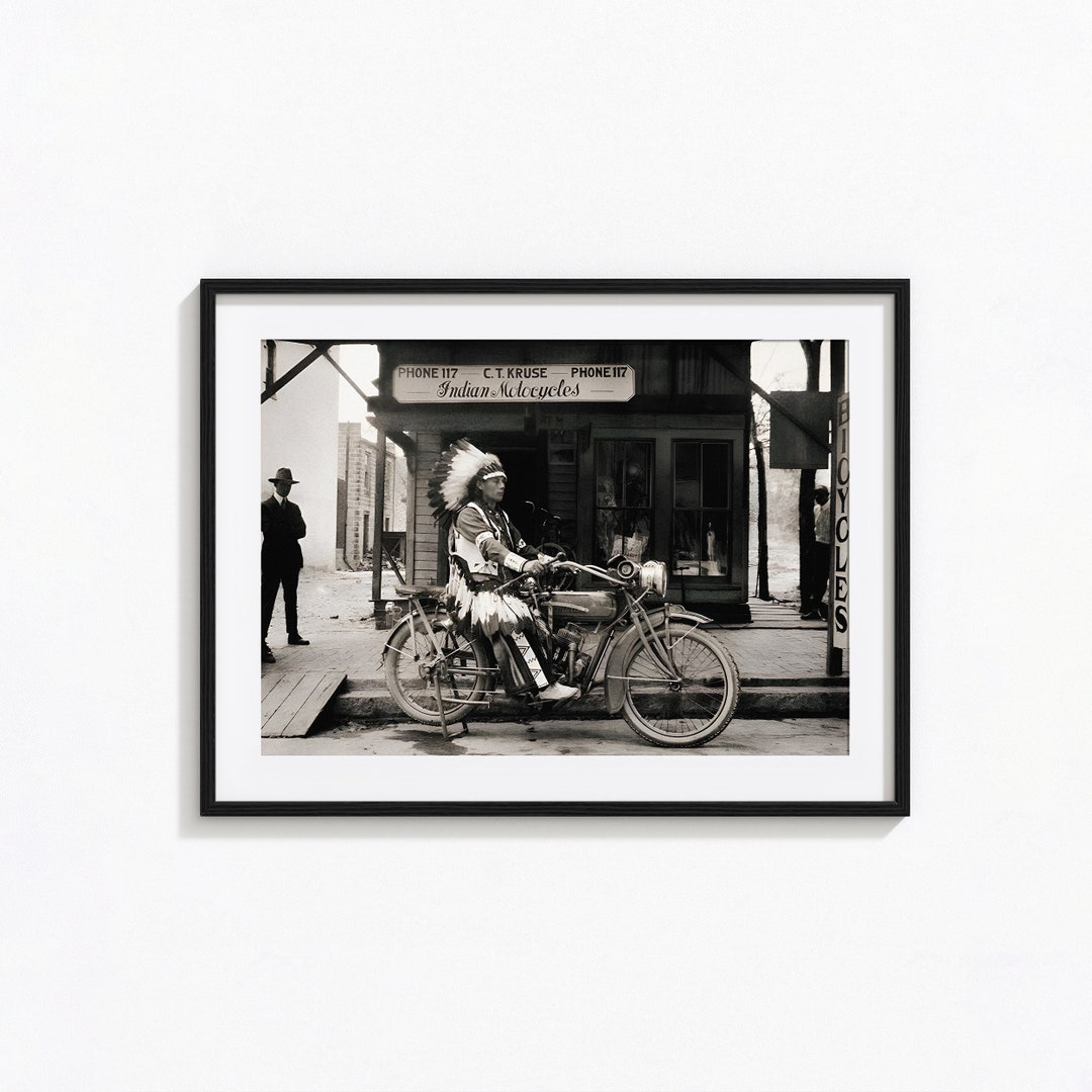 Indian Motorcycle Print, Native American Biker, Black and White Wall ...