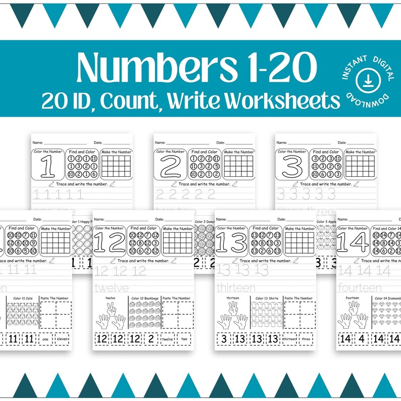 Number Recognition Worksheets, Numbers 1-20 Math Activities, Printable ...