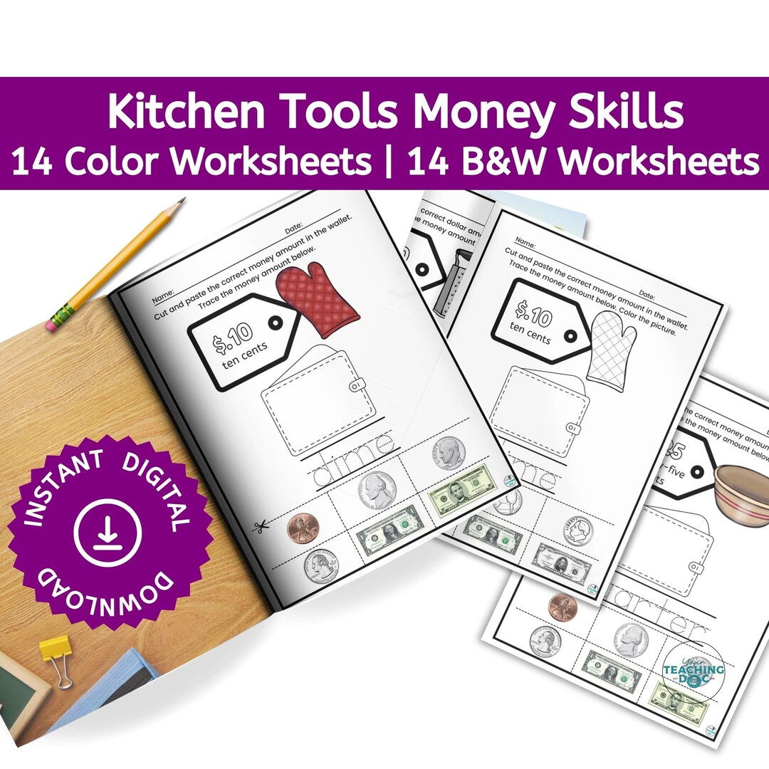 Kitchen Tools Identify & Count Money Worksheets, Counting Coins, Life ...