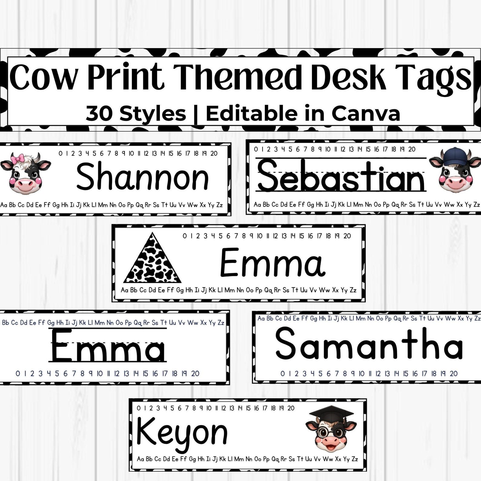 Cow Print Name Tags for Student Desks, Editable Desk Plate Styles ...