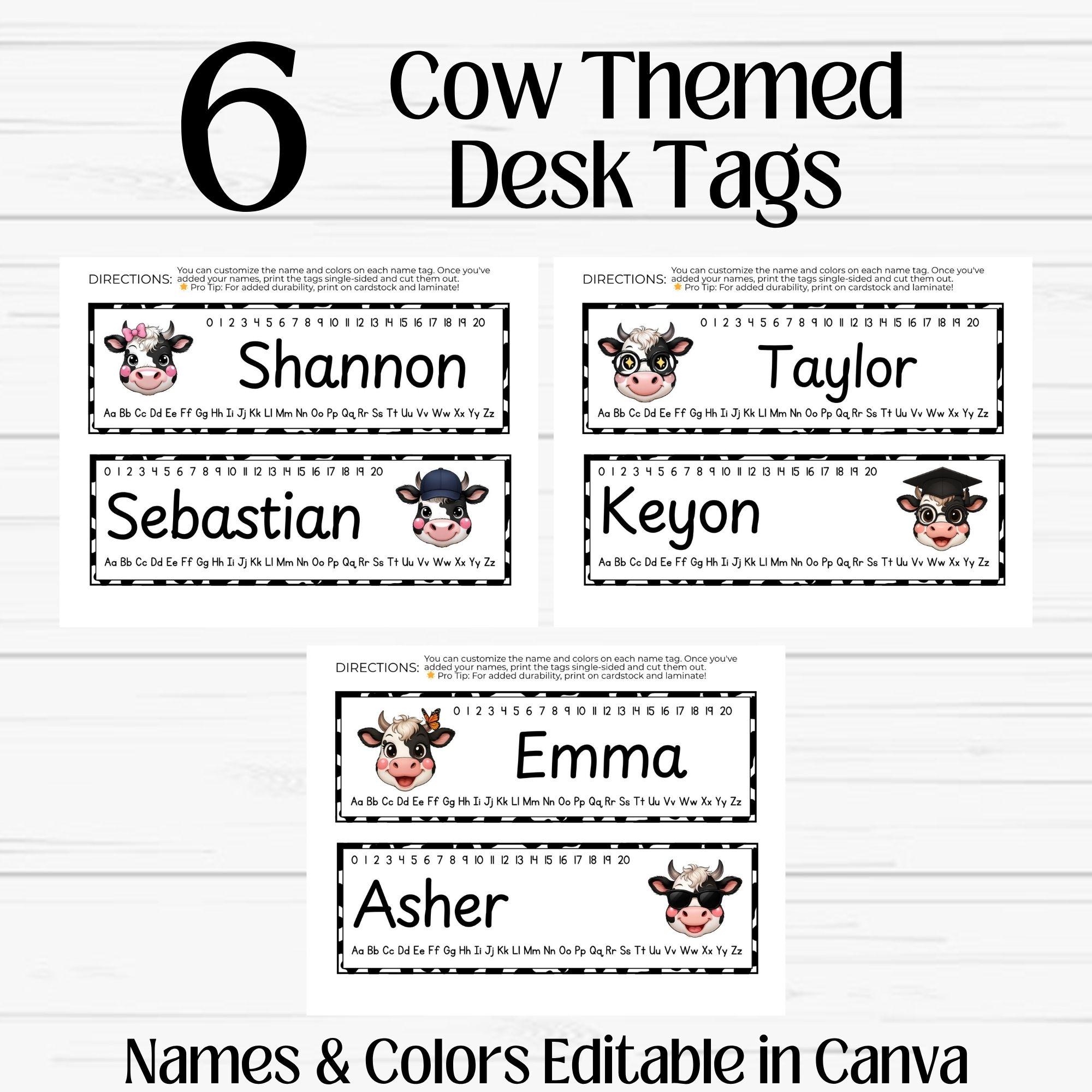 Cow Print Name Tags for Student Desks, Editable Desk Plate Styles ...