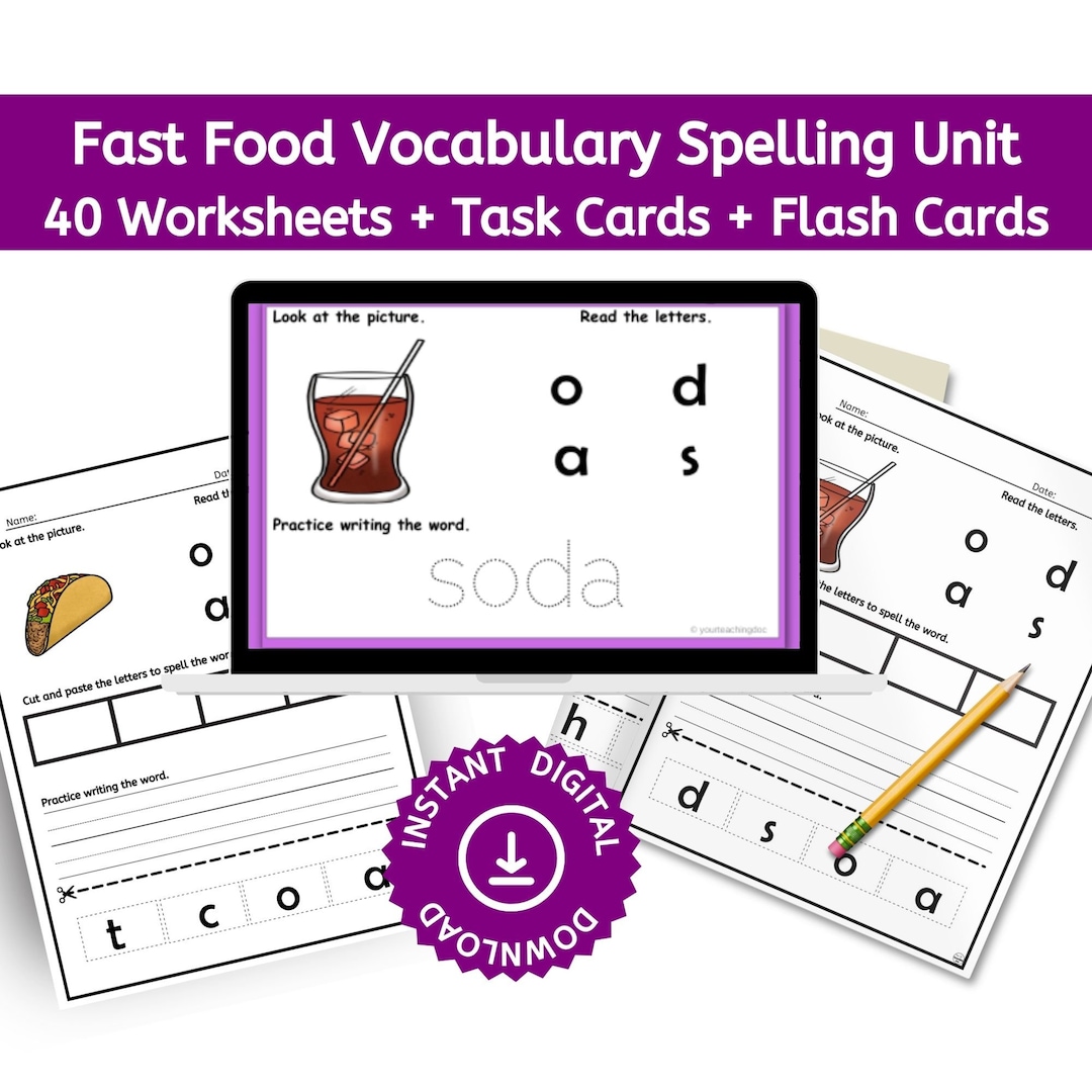 Fast Food Sight Word Printable Worksheets + Task Cards + Word Wall ...