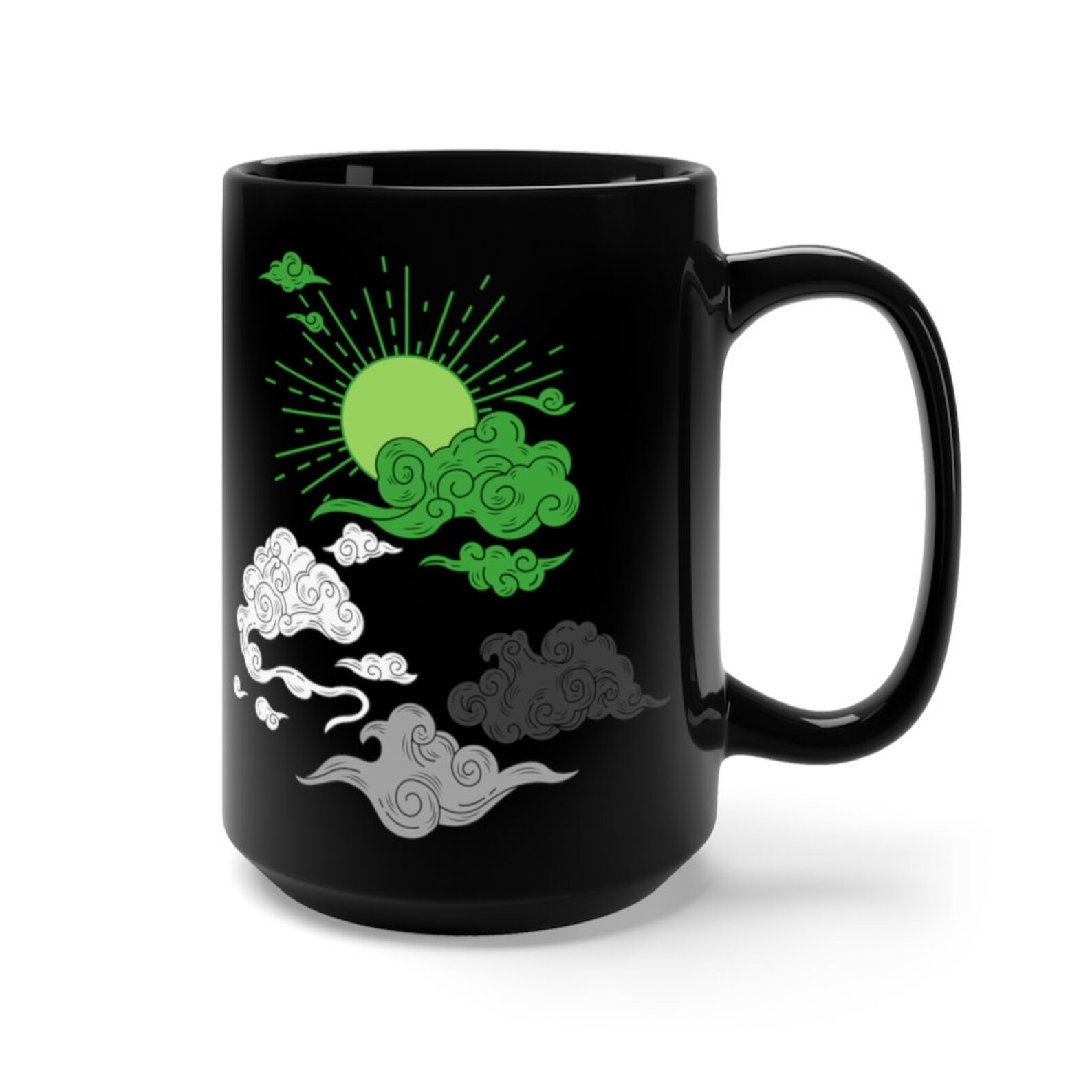 15 Oz. Aromantic Coffee Mug, Sun and Clouds Cup, Aro Black Coffeecup ...