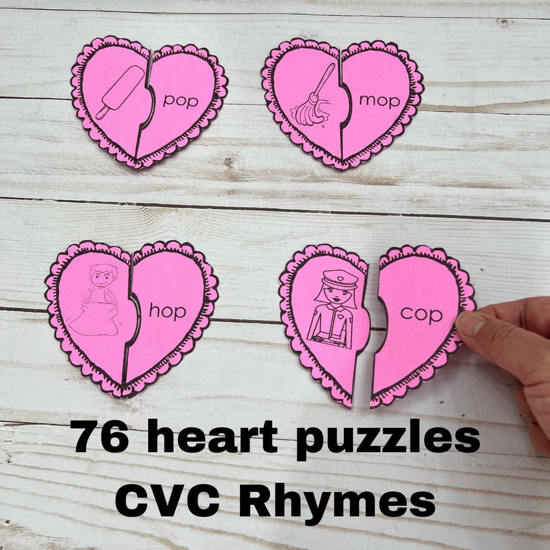 Valentine Heart Matching Game- Rhymes - Etsy